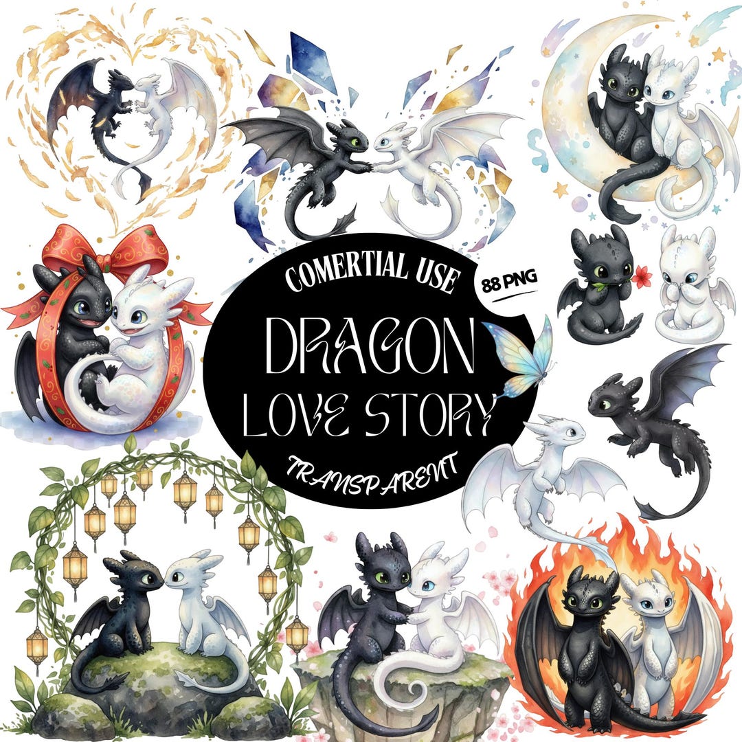 Watercolor Dragon Love Story Clipart Romantic Couple PNG for Valentine ...