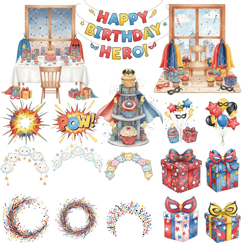 Superhero Birthday PNG Clipart Bundle | 250 Transparent Files for Kids ...