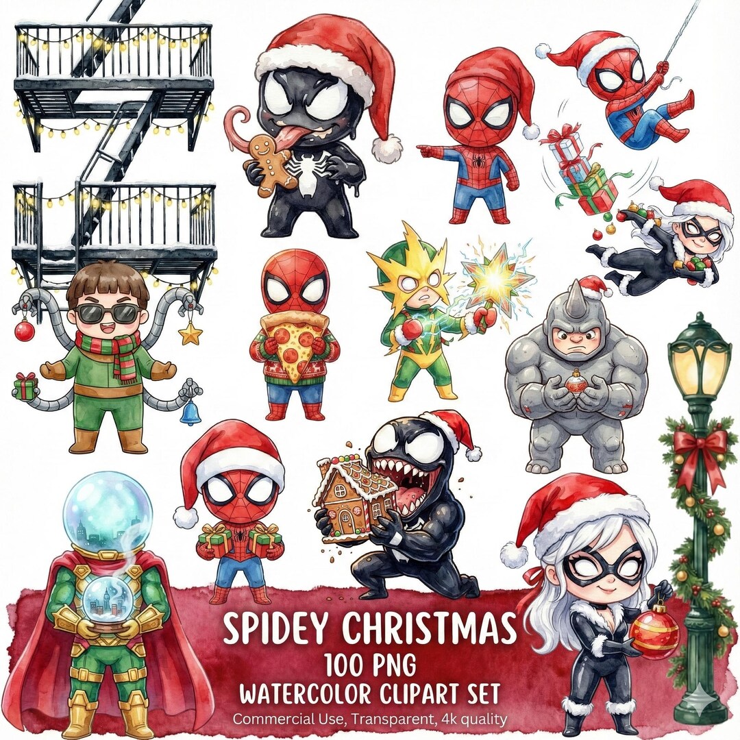 Spidey Christmas Clipart Set – 100 Watercolor PNG Superhero Stickers ...