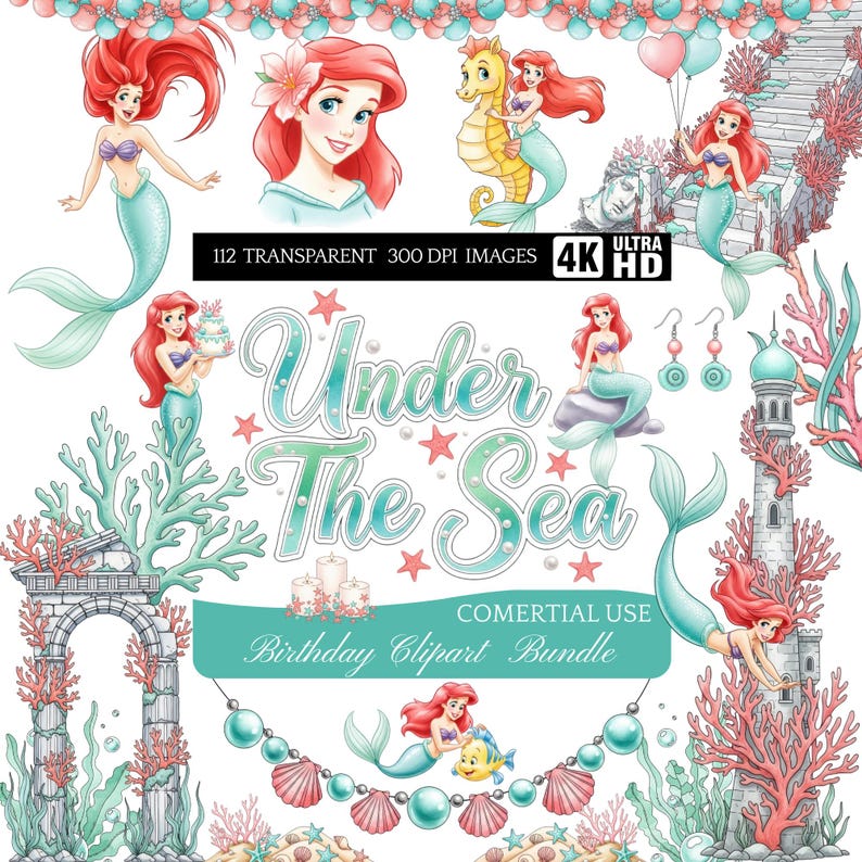 Watercolor Mermaid Under the Sea Clipart PNG Ariel Ocean Princess ...