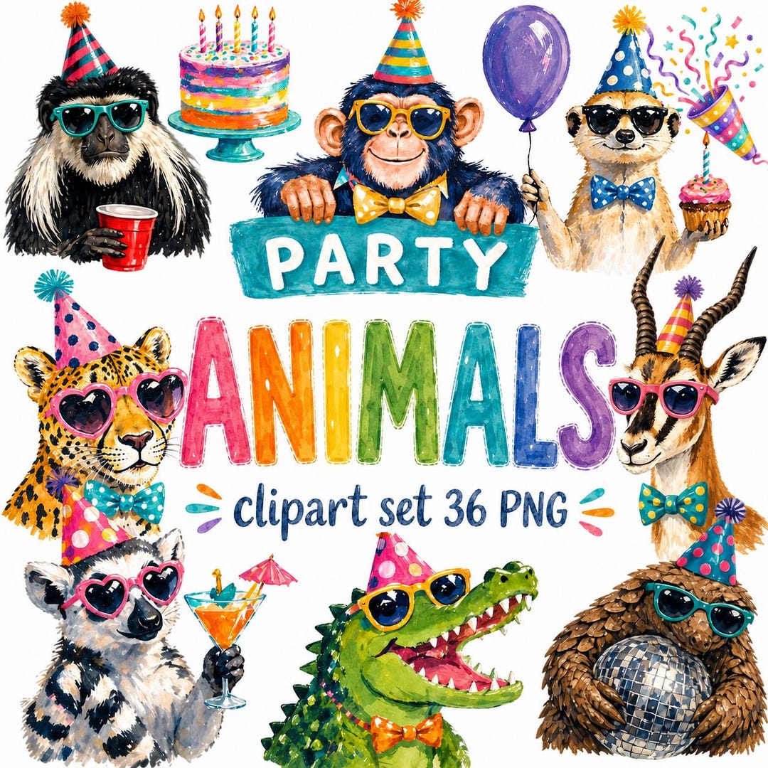 Watercolor Party Animals Clipart PNG Set: Safari Birthday Digital ...