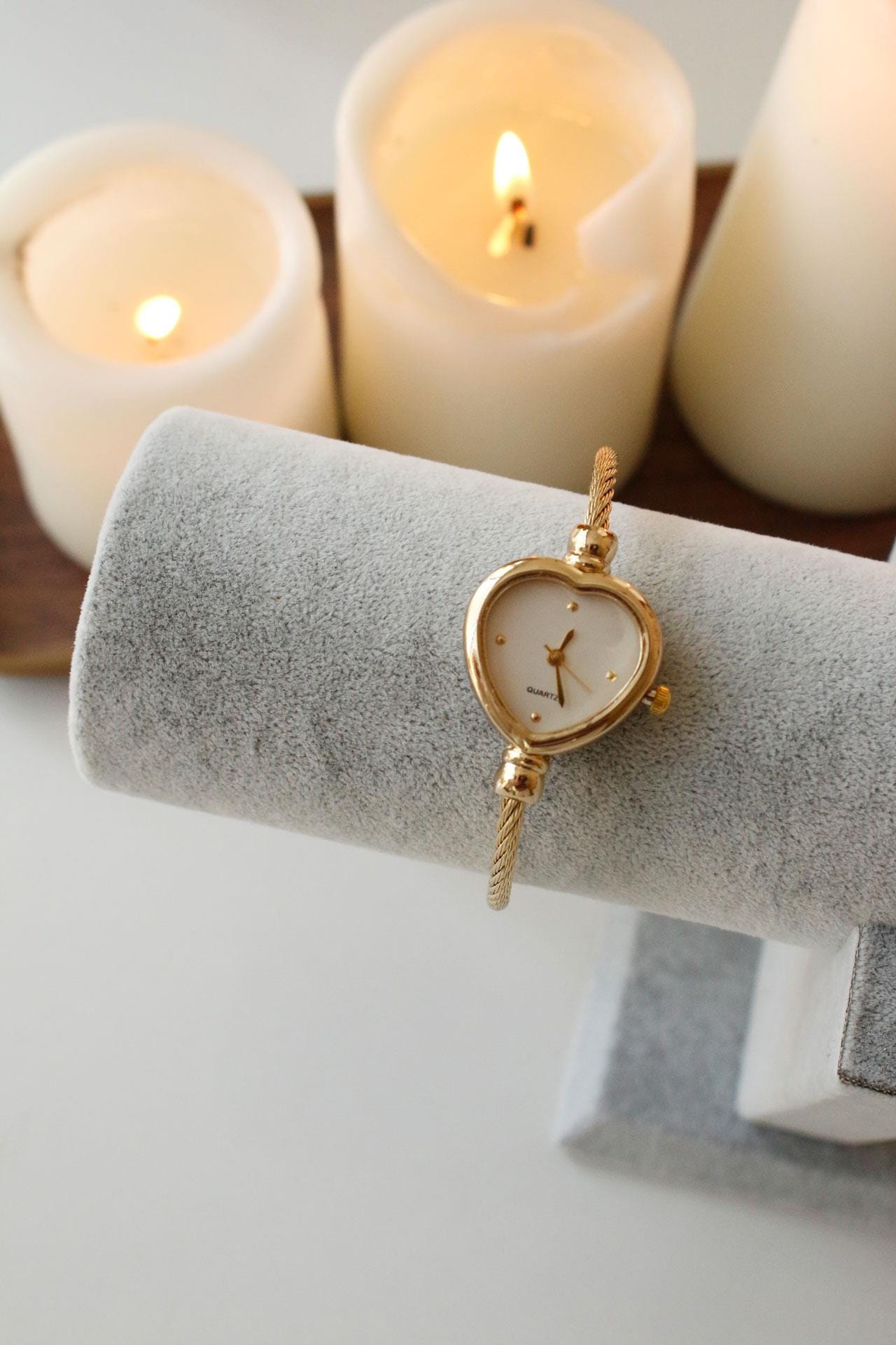 Heart Shaped Cuff Watch, Dainty Gold Bangle Wristwatch, Romantic ...