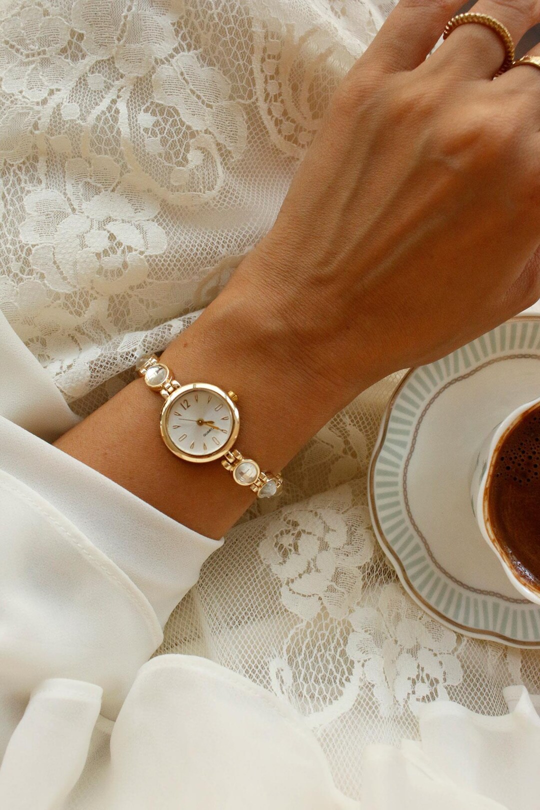 Amara Gold-tone Stone Bracelet Watch, Dainty Women's Crystal Accent ...