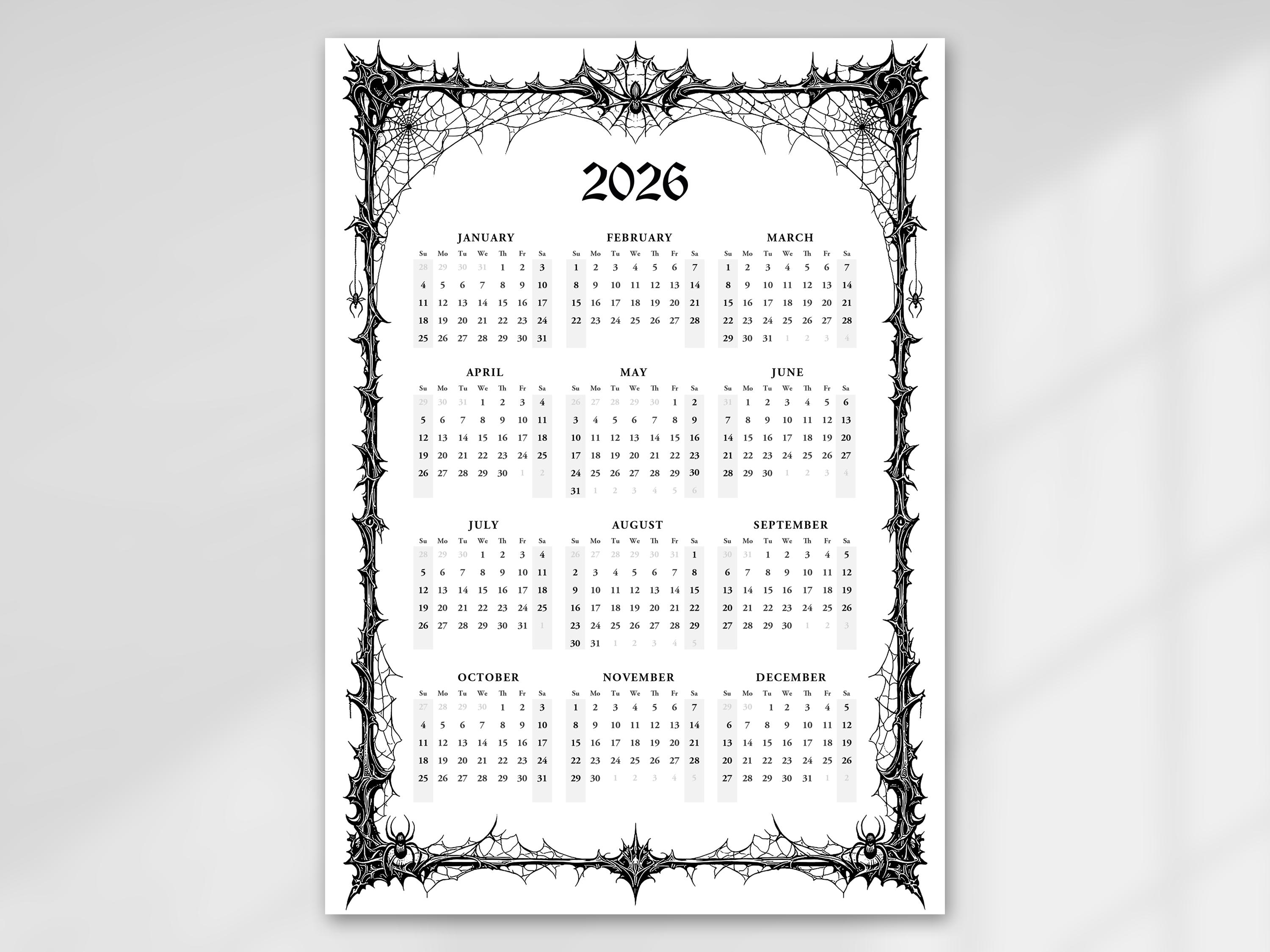 2026 Gothic, Year at a Glance Calendar Printable | One Page Full Year ...