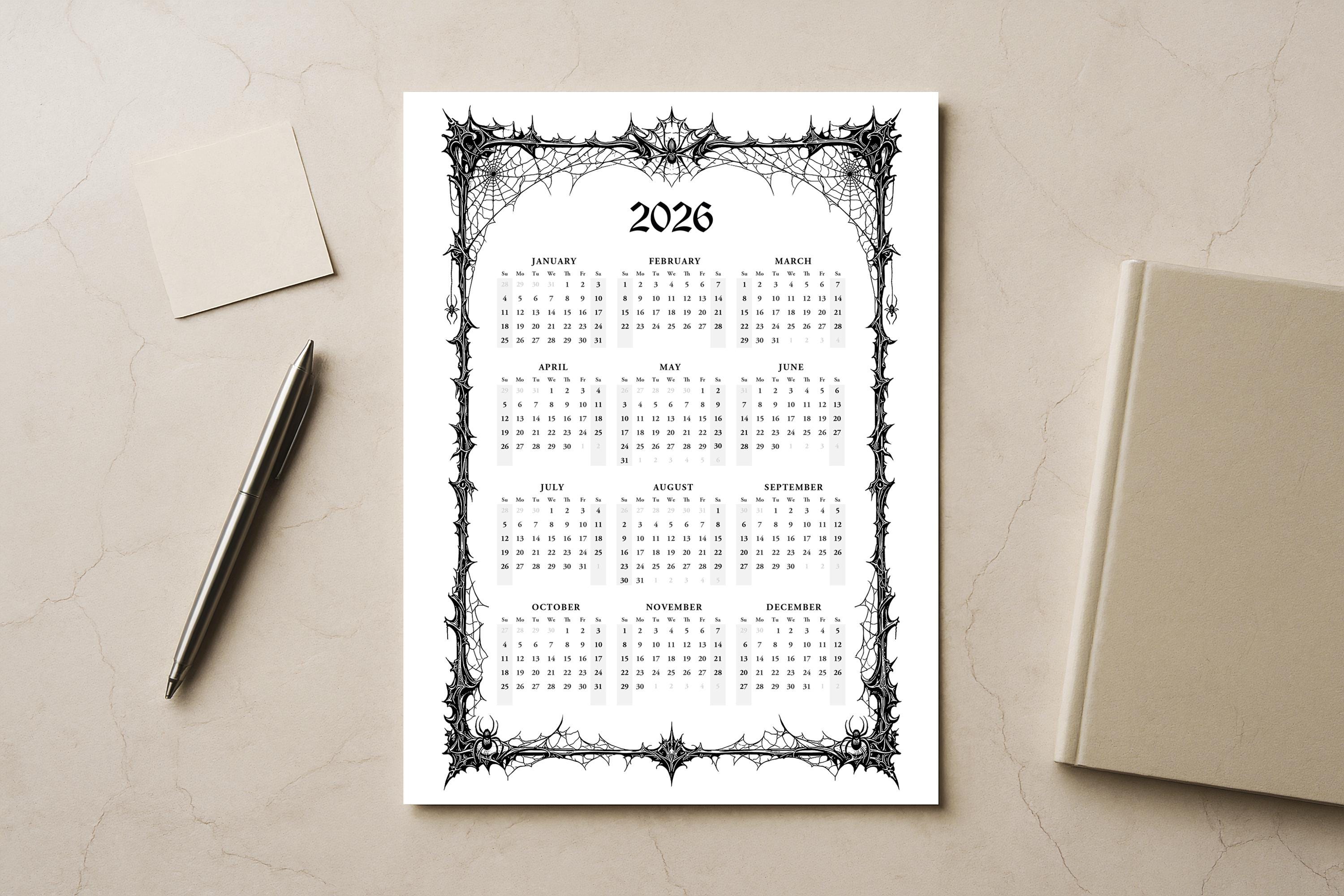 2026 Gothic, Year at a Glance Calendar Printable | One Page Full Year ...