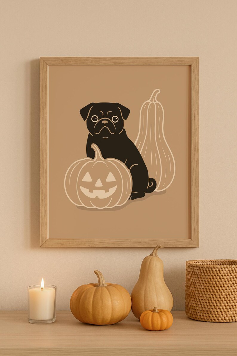 Minimalist Halloween, Thanksgiving Pug Wall Art – Cute Dog Pumpkin ...
