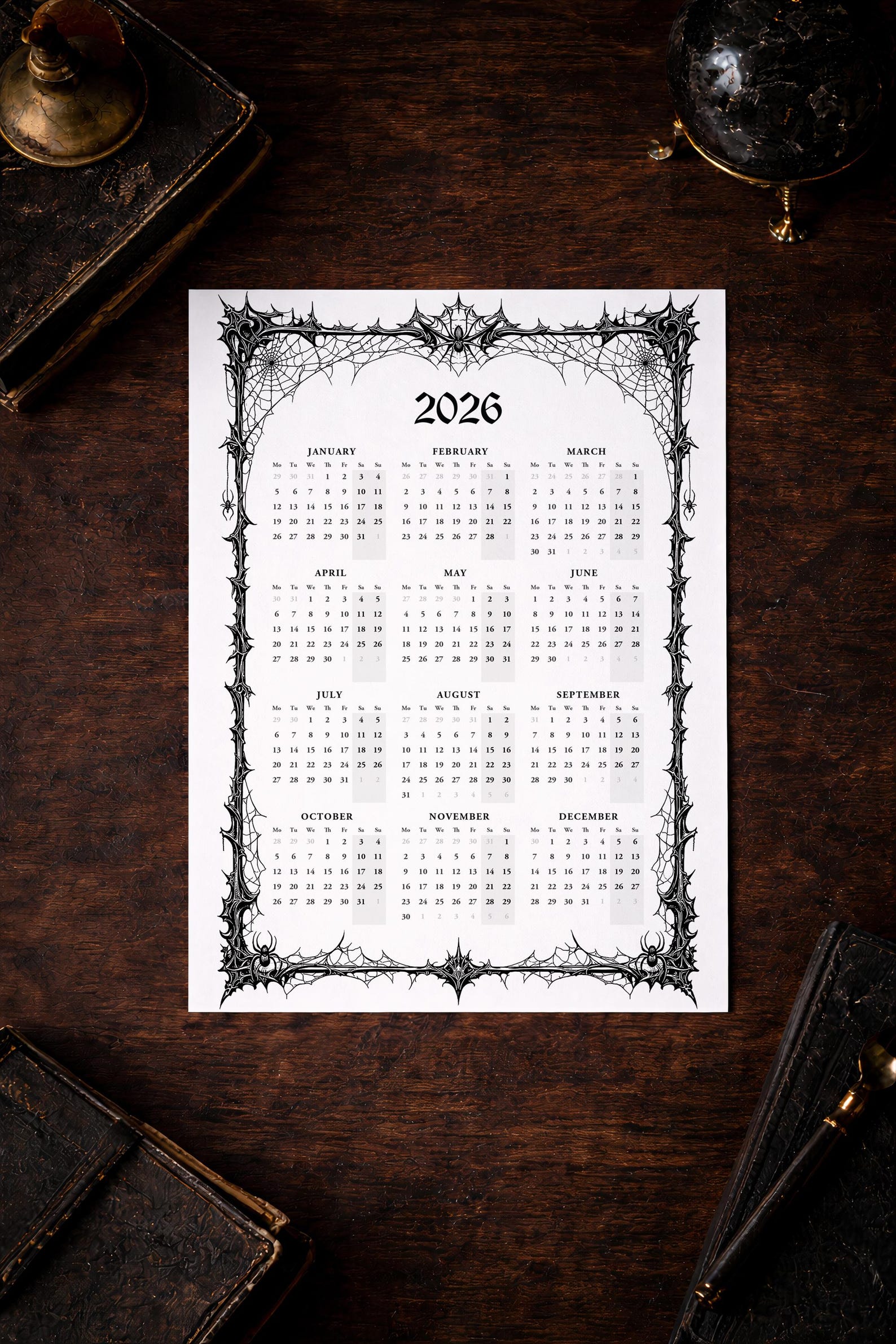 2026 Gothic, Year at a Glance Calendar Printable | One Page Full Year ...