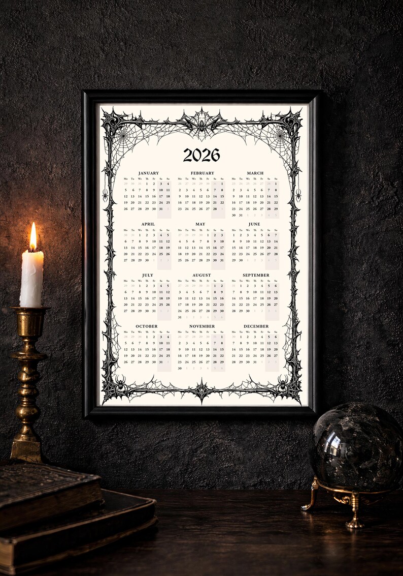 2026 Gothic, Year at a Glance Calendar Printable | One Page Full Year ...