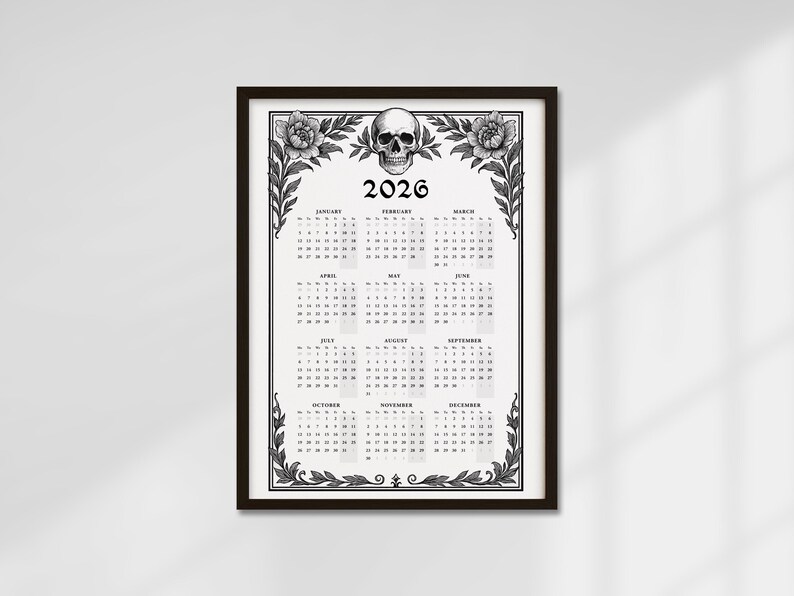 2026 Gothic Calendar – Skull & Botanical Wall Art (digital Download) - Etsy