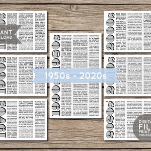 1950s to 2020s 70 Years Decades in Review Birthday Party Decor Trivia ...