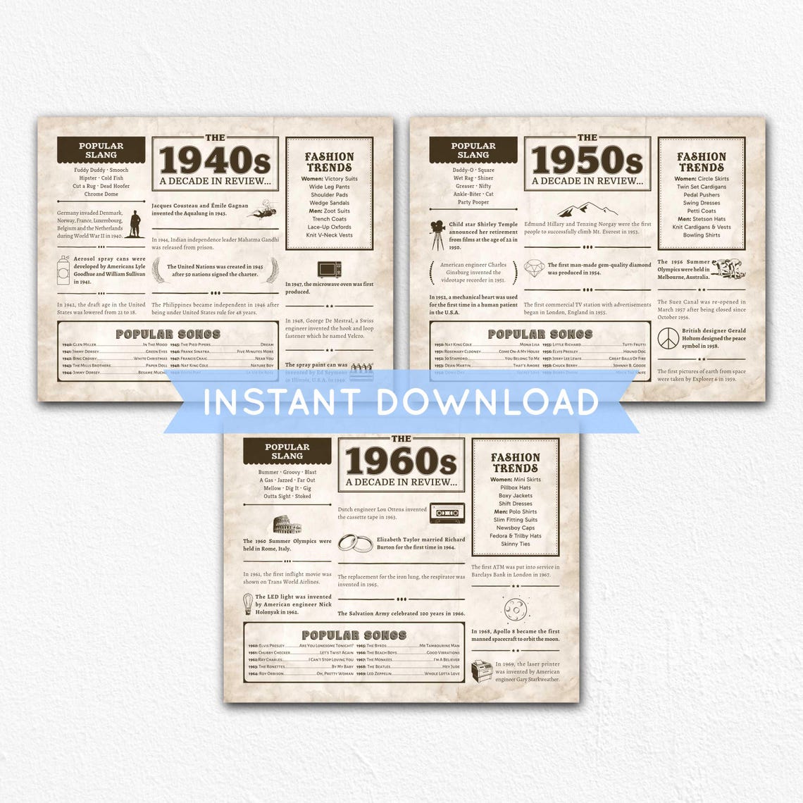 1940s–2020s | Decades in Review Newspaper Placemats | Printable Decade ...
