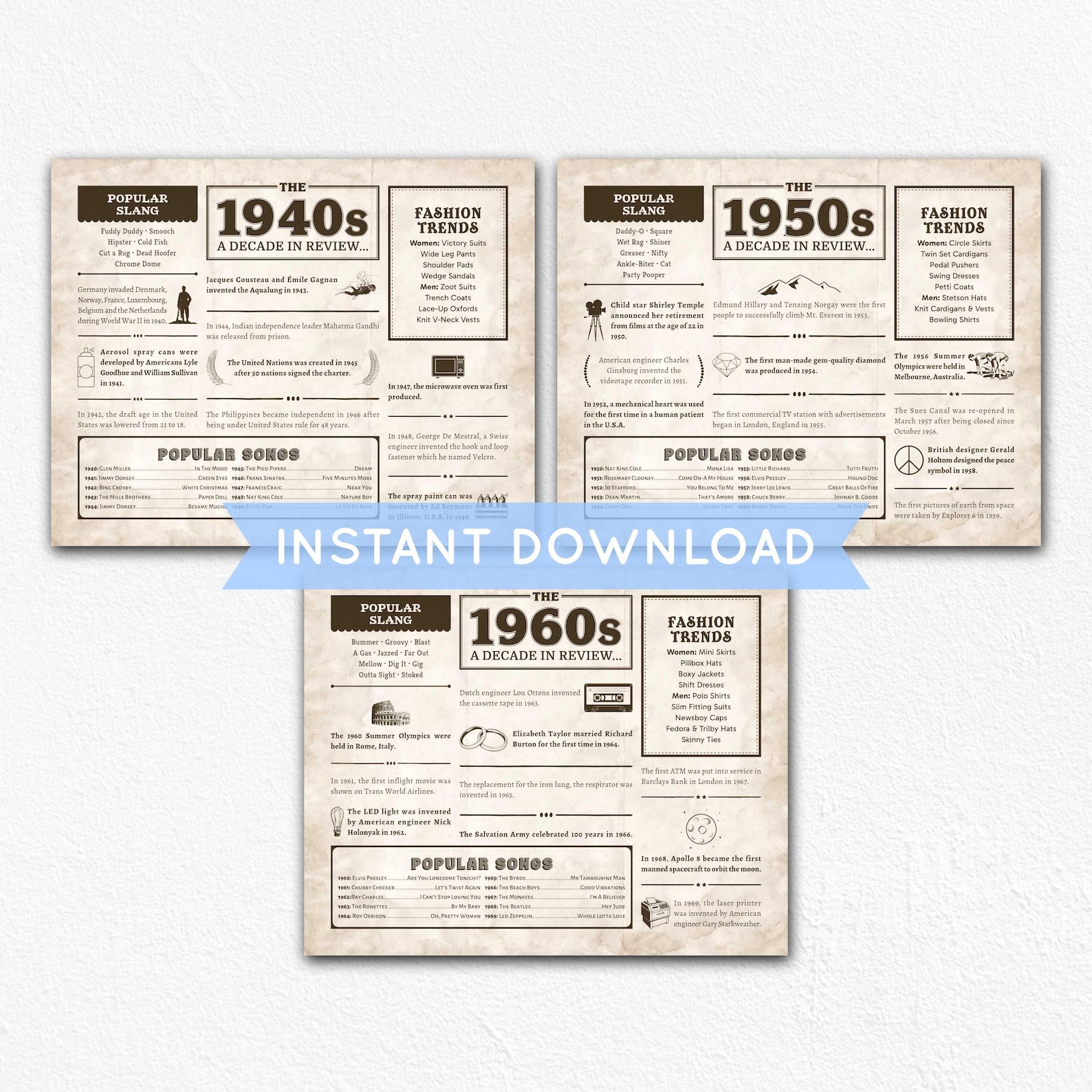 1940s–2020s | Decades in Review Newspaper Placemats | Printable Decade ...