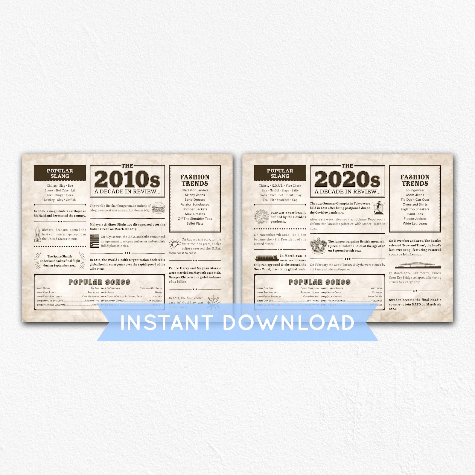 1940s–2020s | Decades in Review Newspaper Placemats | Printable Decade ...