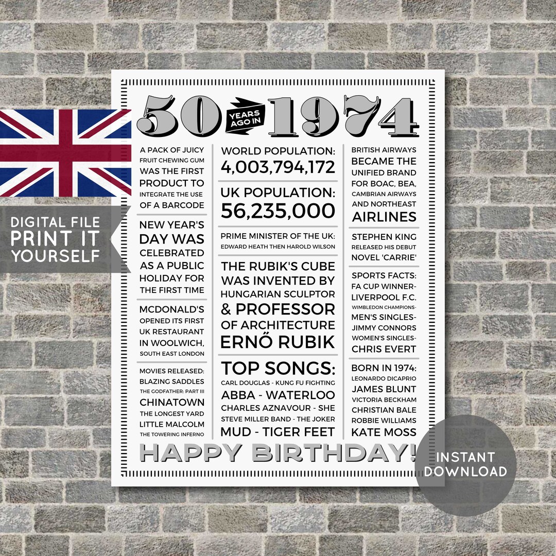 UK 50th Birthday Poster, 1974 Poster, 1974 Birthday, Newspaper, 50 Years Ago, 50th Birthday Gift ...