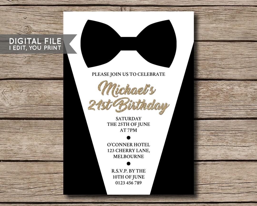 DIY Black Tie Tuxedo Birthday Party Invitation, Invite, 18th, 21st ...