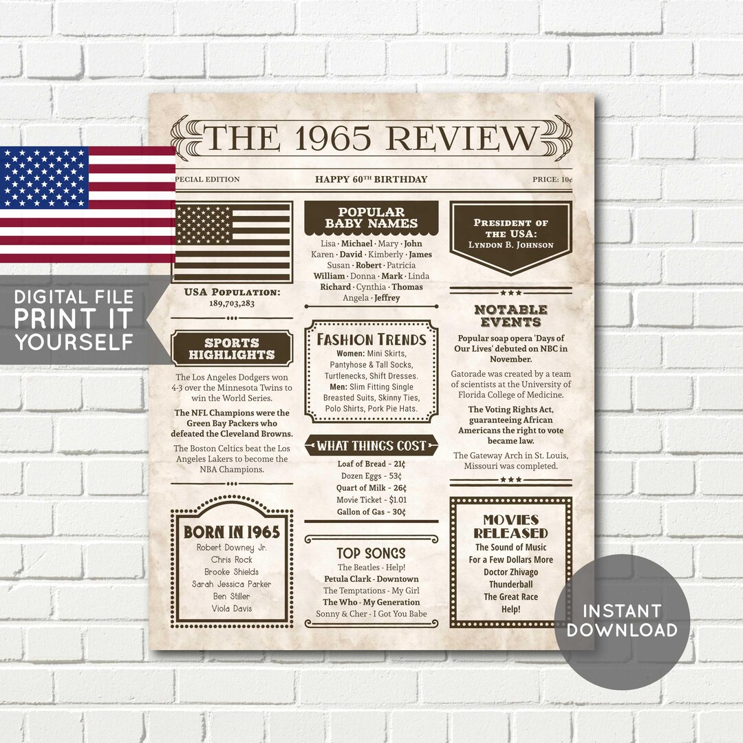 USA - 60th Birthday Newspaper Poster, 1965 Newspaper Poster, 60 Years ...