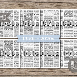 1950s to 2020s 70 Years Decades in Review Birthday Party Decor Trivia ...