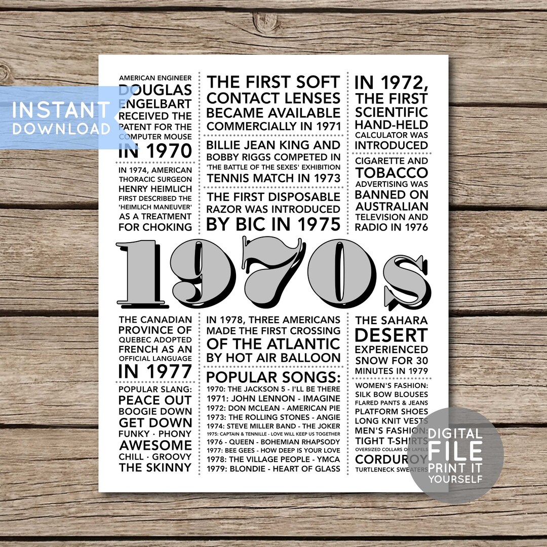 1970s in Review | Back to the 70s Printable | 70s Decade Party ...
