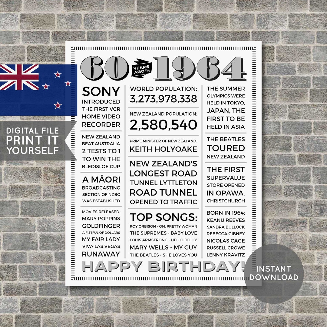 NZ 60th Birthday Poster, 1964 Poster, 1964 Birthday, Newspaper, 60 ...