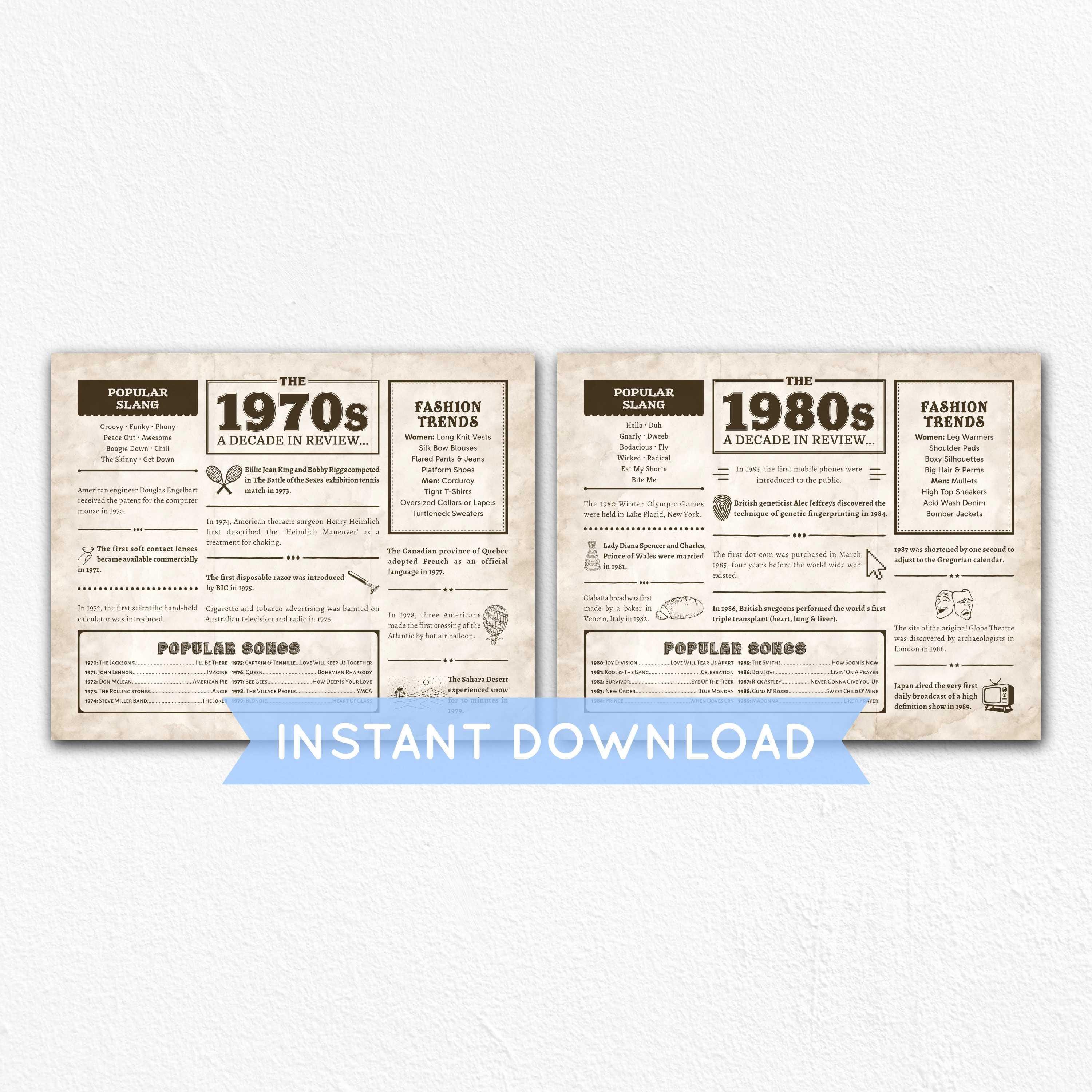 1940s–2020s | Decades in Review Newspaper Placemats | Printable Decade ...