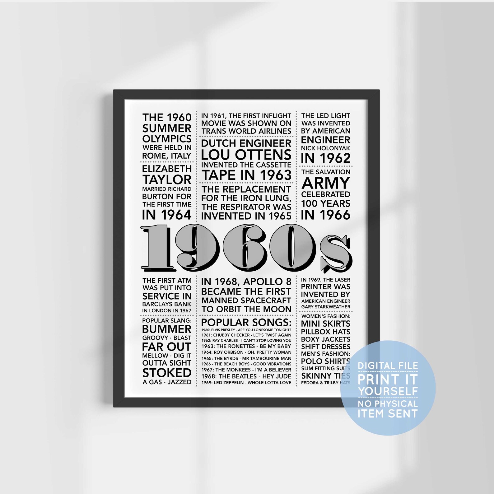 1960s in Review | Back to the 60s Printable | 60s Decade Party ...