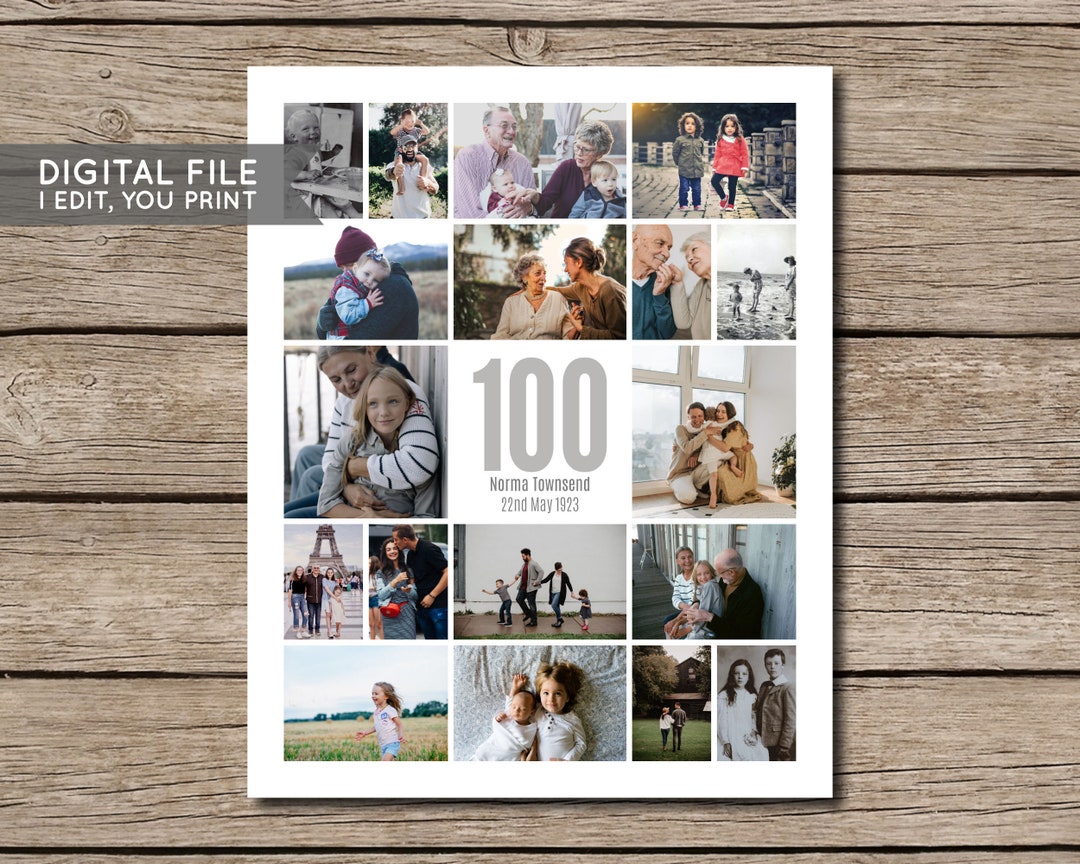 100th Birthday Collage Poster, 100th Birthday Gift, 100th Photo Collage ...