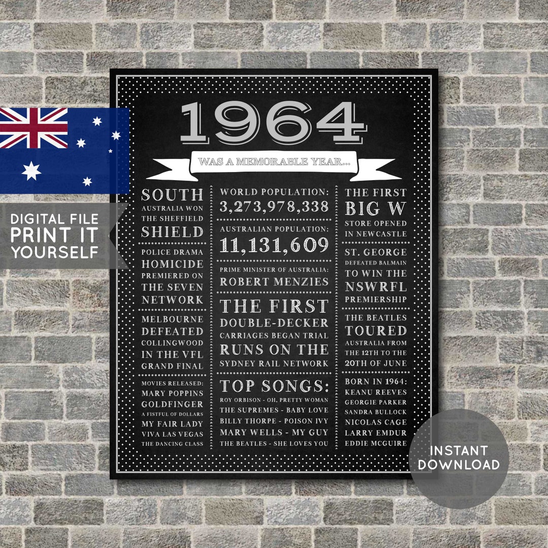 Australian 60th Birthday Poster, 1964 Poster, 1964 Birthday, Chalkboard ...