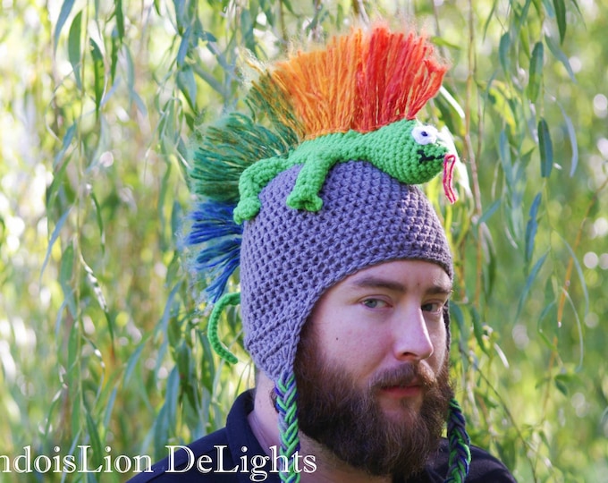 Lizard Hat MADE TO ORDER Crochet Gecko, Hat Mohawk Lizard, All Sizes ...