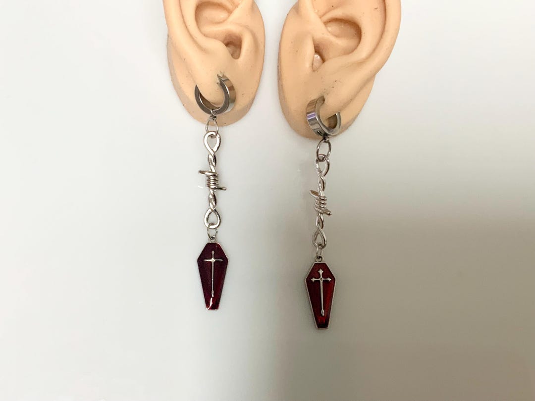Men's Long Red Coffin Cross Barb Wire Stainless Earrings Jewelry Hoops ...
