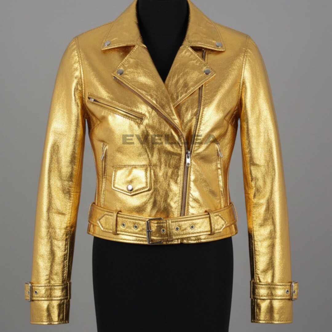 Unisex Metallic Gold Leather Biker Jacket: Genuine Moto Outerwear - Etsy