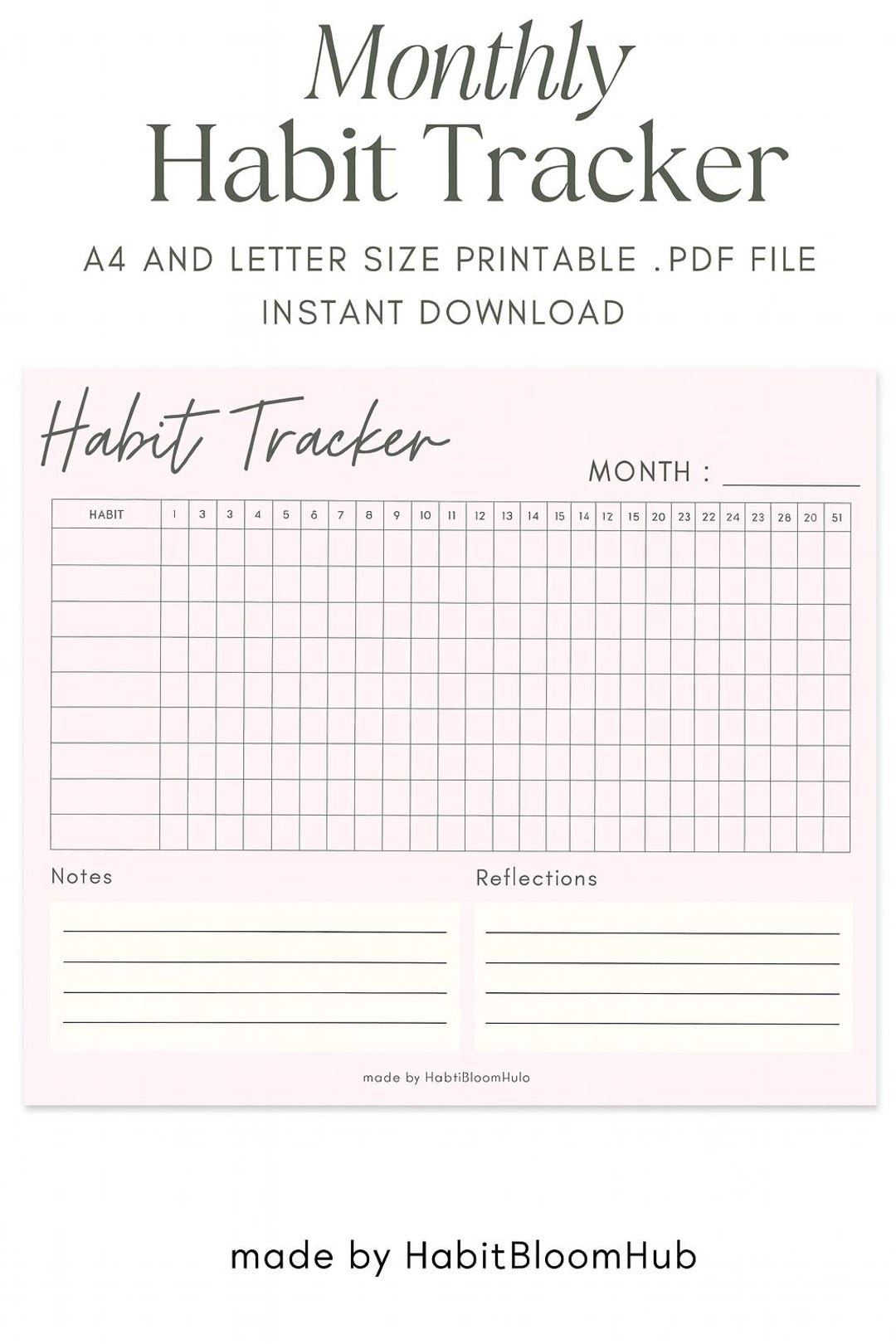 Minimalist Monthly Habit Tracker Printable: A4/letter Size (instant ...
