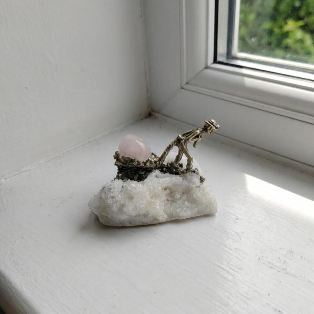 Worker Sculpture Pulling Rose Quartz on Quartz Base With Pyrite Cluster ...