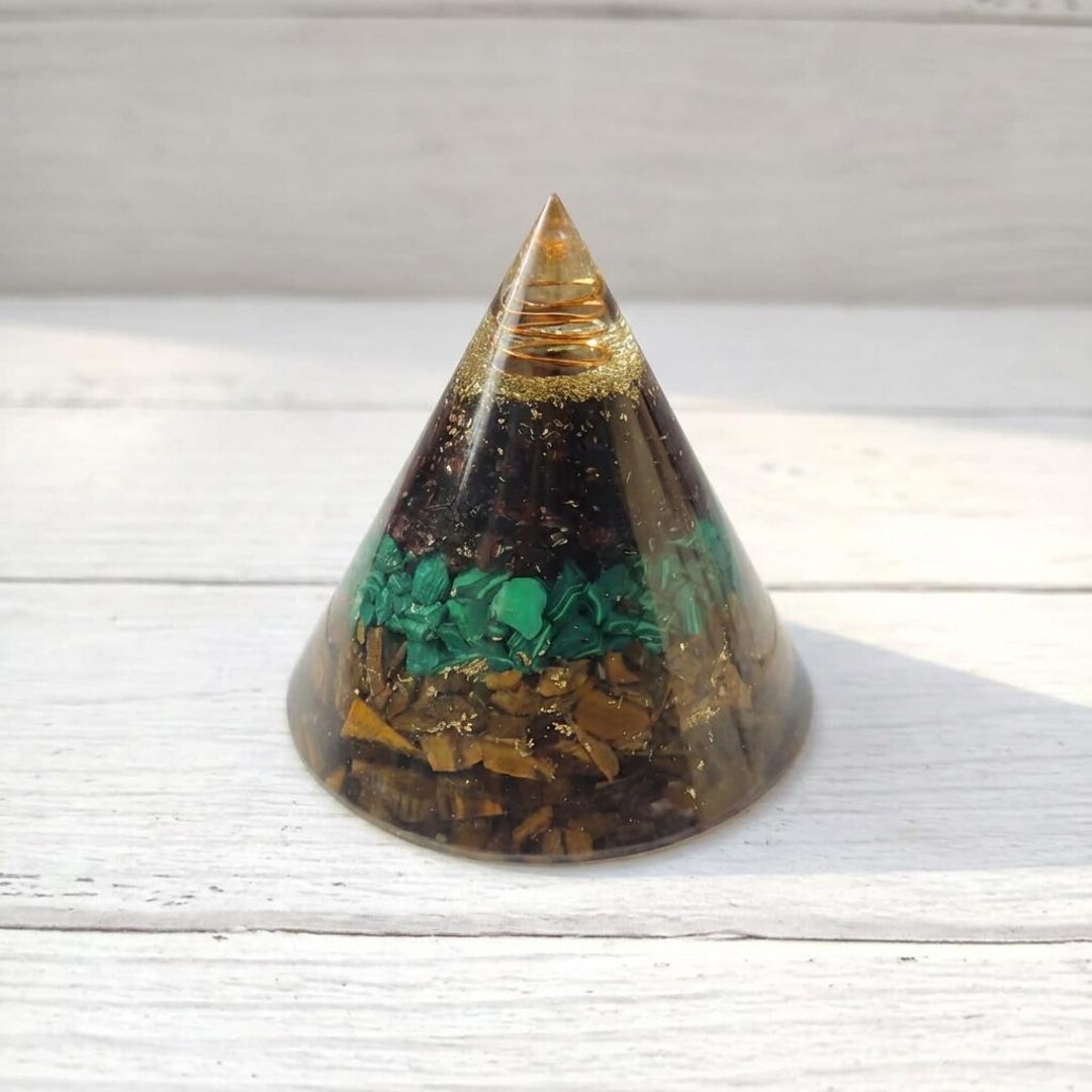 Orgonite Energy Cone Pyramid – Tiger Eye, Turquoise & Amethyst Layers ...