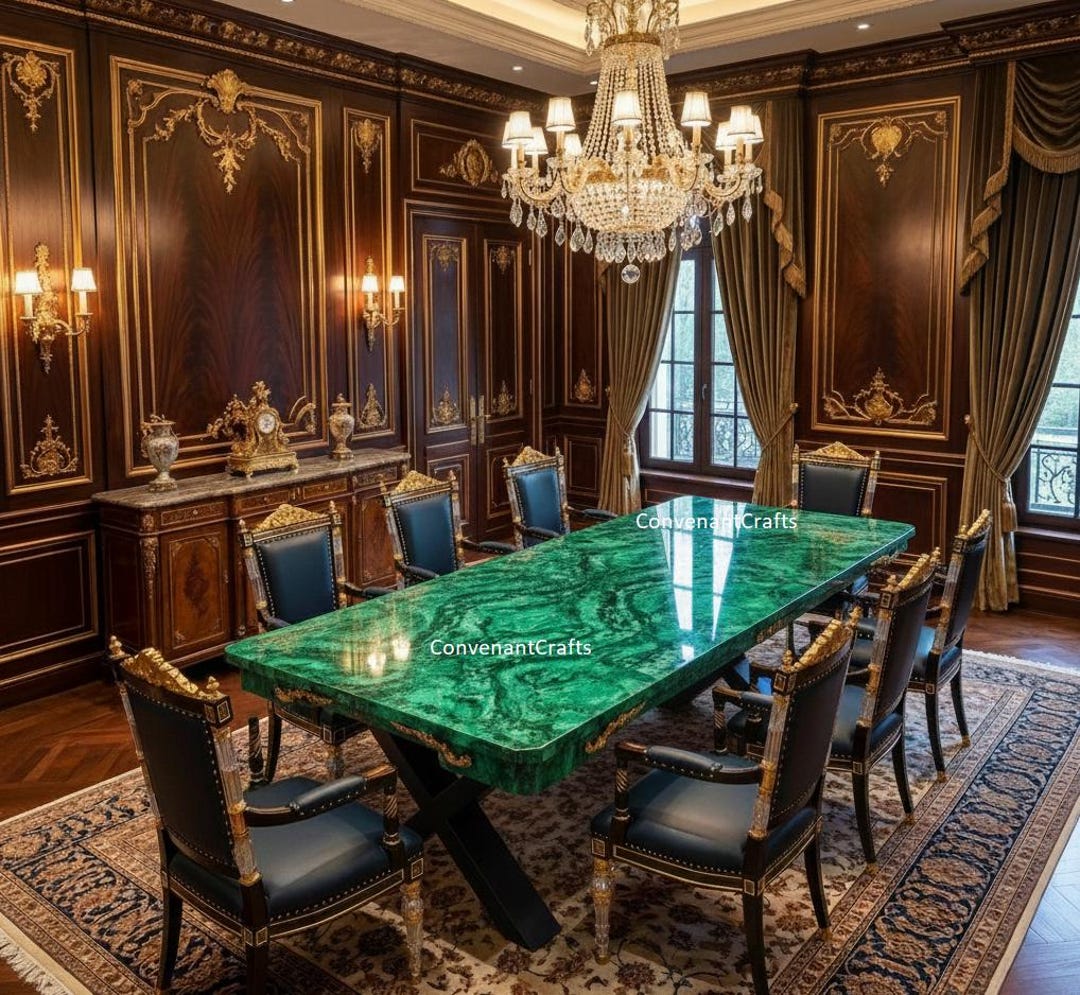 Rectangular Green Malachite Stone Tabletop | Handmade Gemstone Dining ...