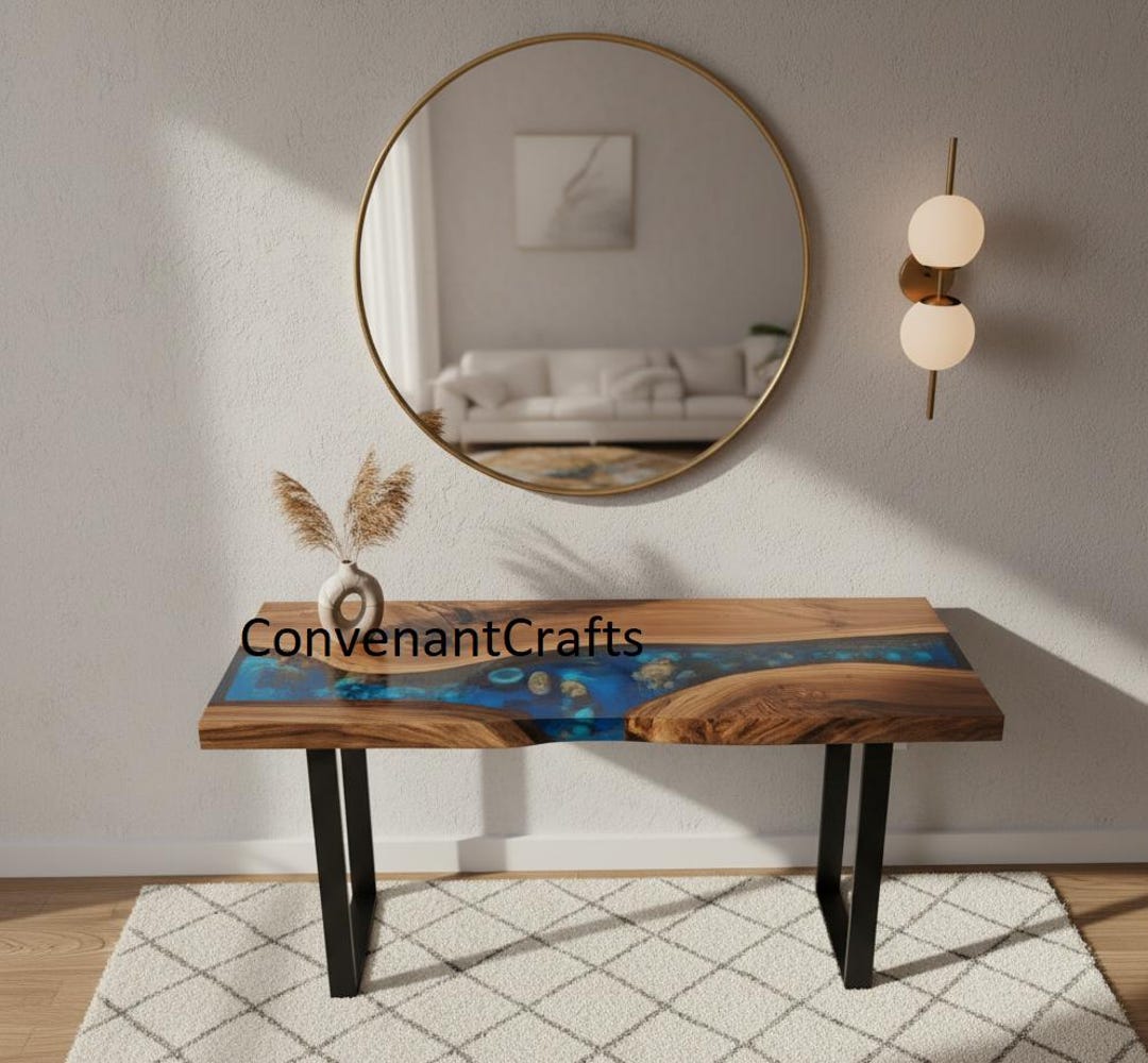Live Edge Epoxy River Console Table | Handmade Acacia Wood & Blue Resin ...
