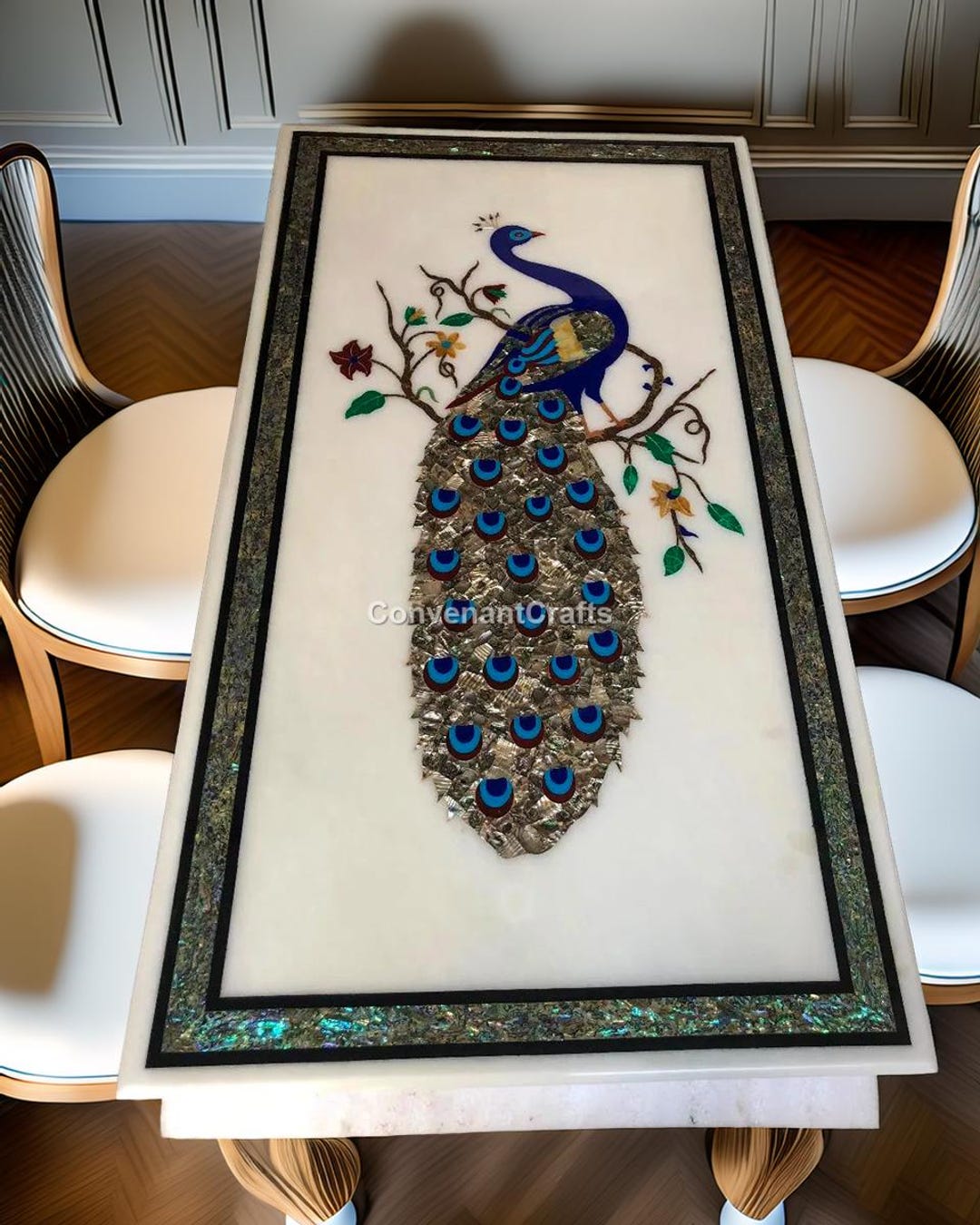 White Marble Peacock Inlay Table | Handcrafted Pietra Dura Tabletop ...