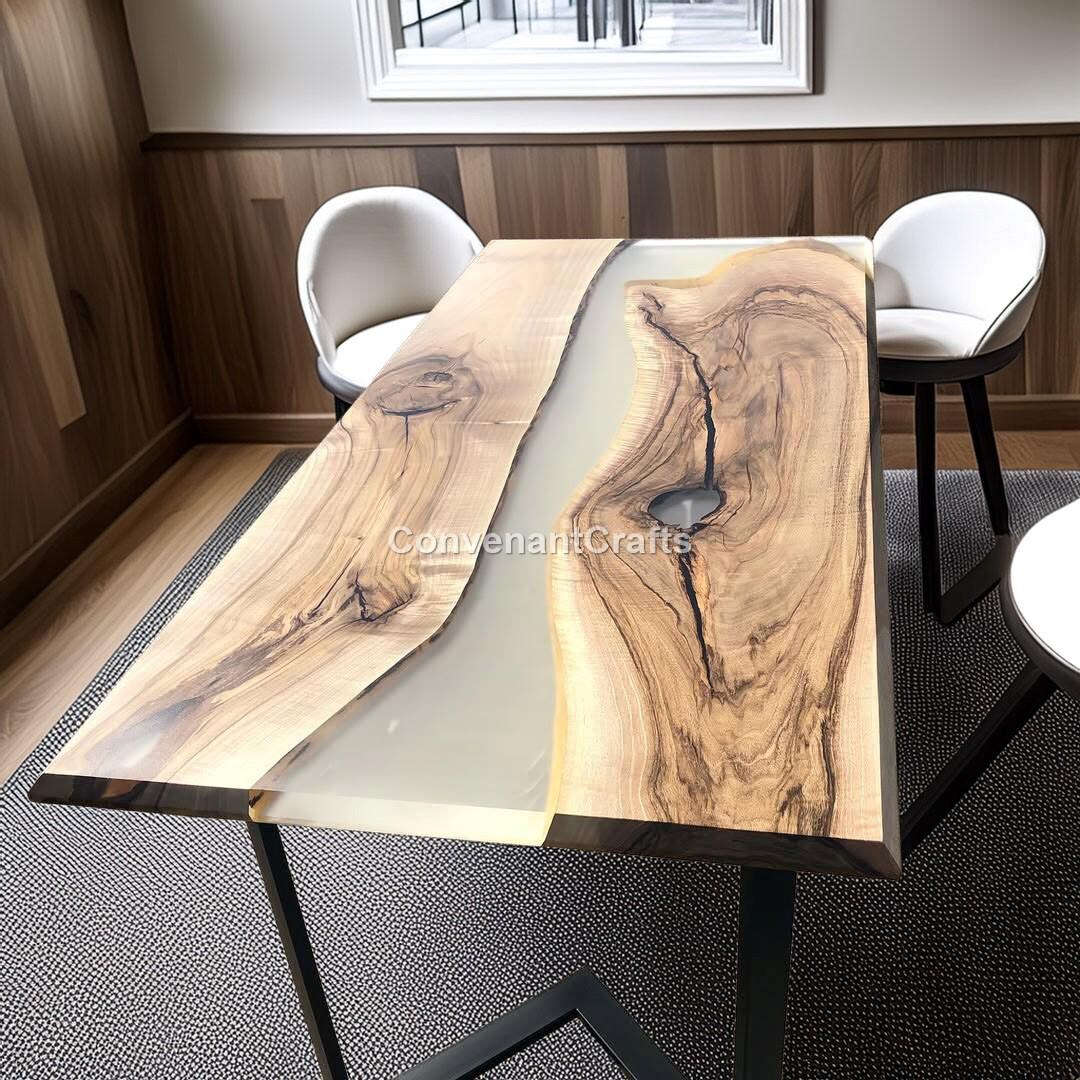 Live Edge Wood & Clear White Resin River Dining Table - Custom Epoxy ...