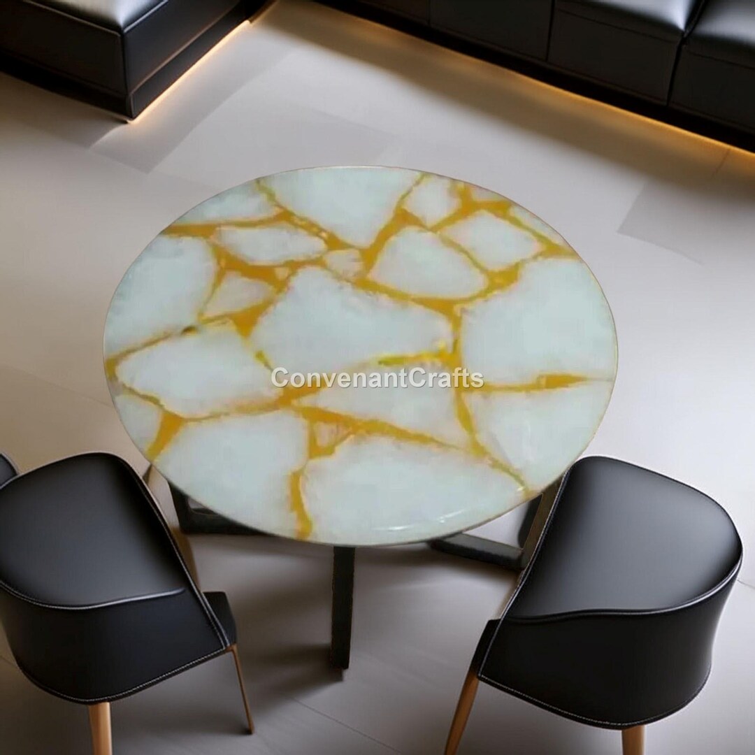 Luxury White Quartz and Gold Resin Round Dining Table Top, Custom Size ...