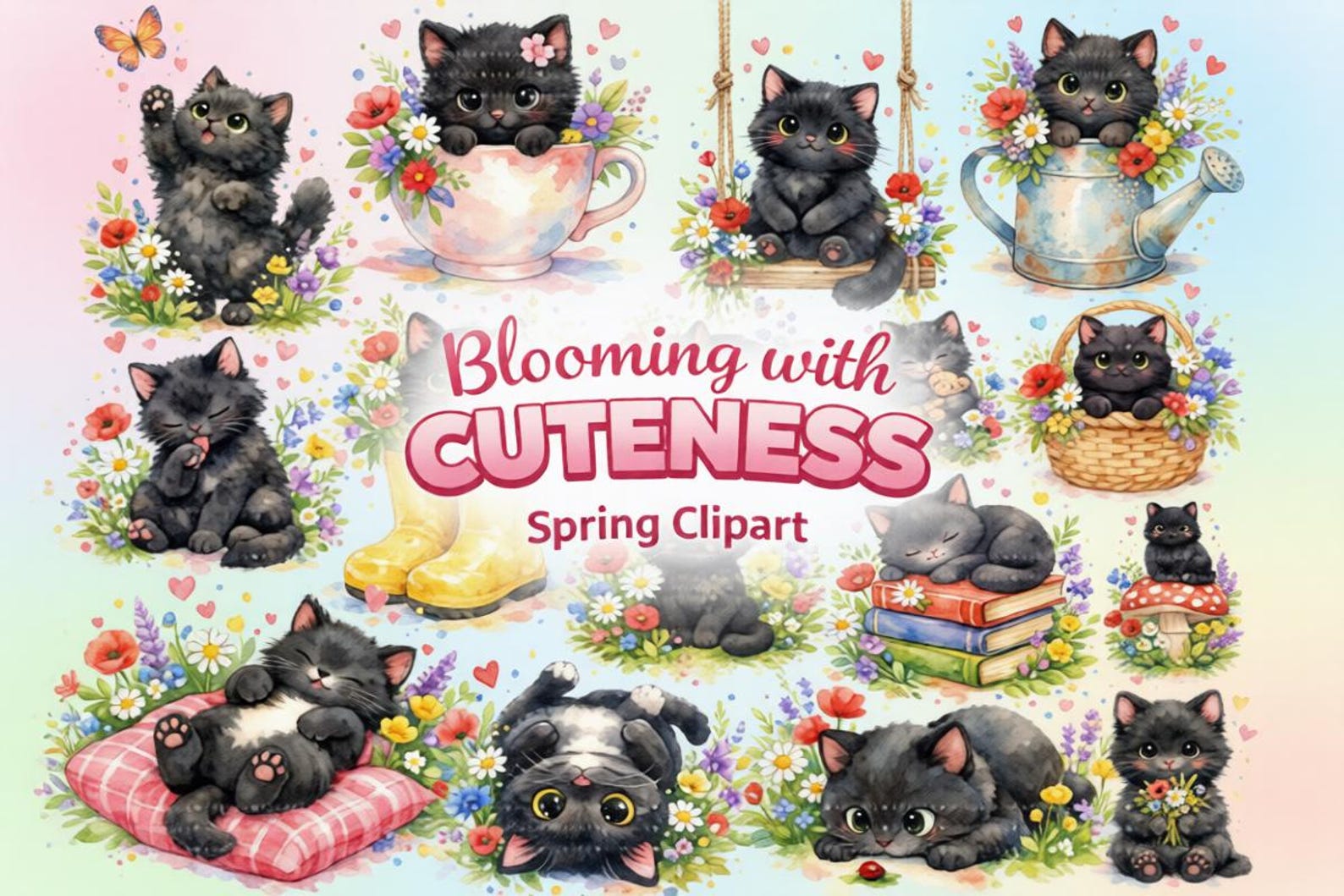 Cute Cat Spring Clipart PNG Bundle, Kawaii Cat Sublimation Designs ...