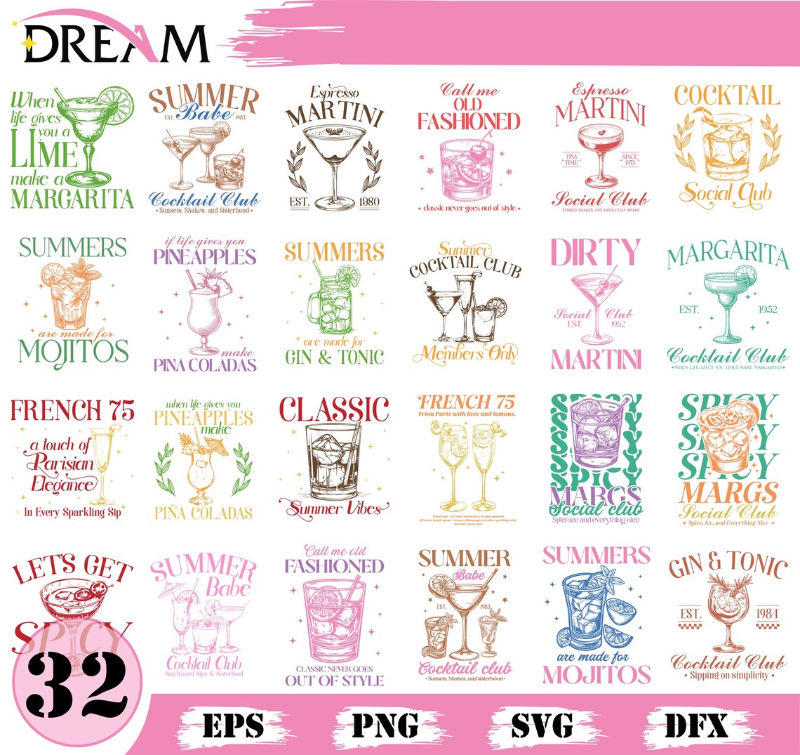 Cocktail SVG Bundle | Margarita Martini Mojito SVG PNG | Summer Drink ...