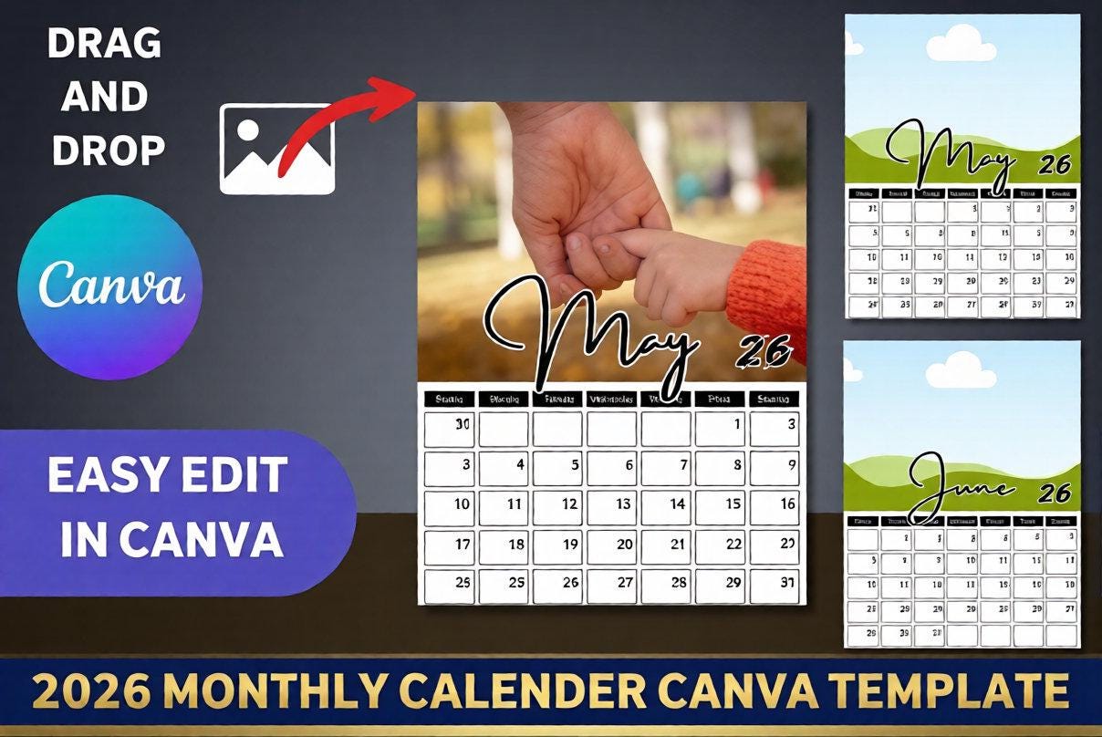 2026 Photo Calendar Canva Template, Editable Monthly Calendar, Family ...
