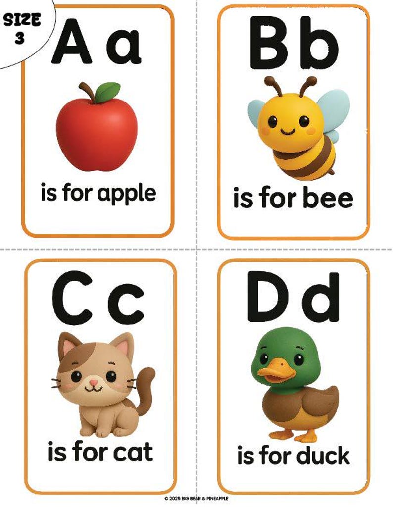 Cute 3D Beginning Sounds Flashcards A-Z (3 Sizes) – Printable Alphabet ...