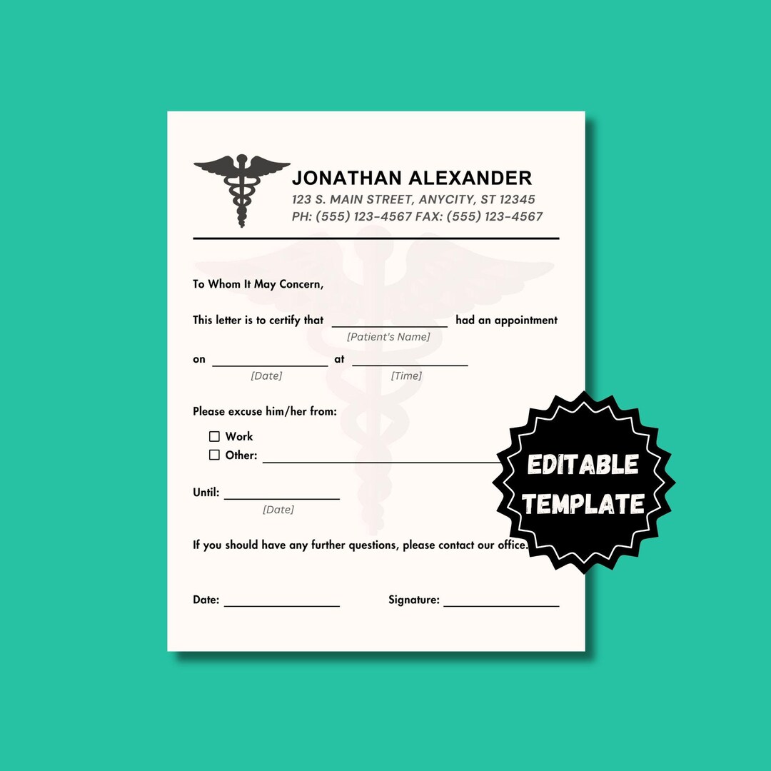 Editable Doctor's Excuse Note Template: Medical Form (canva, Word ...