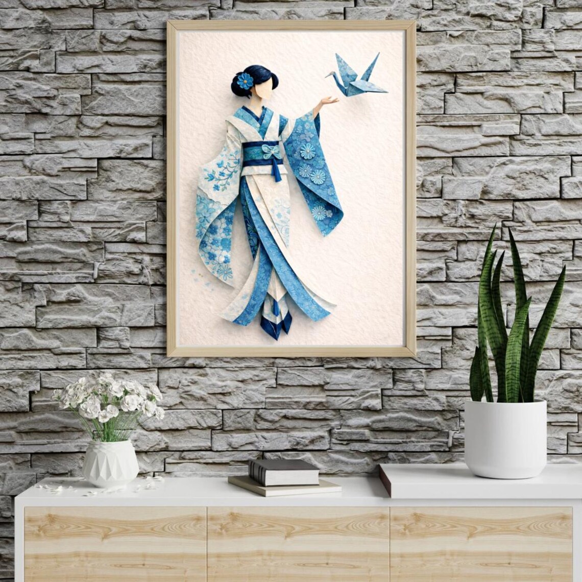 Japanese Layered Effect Poster: Geisha and Crane (digital Download) - Etsy