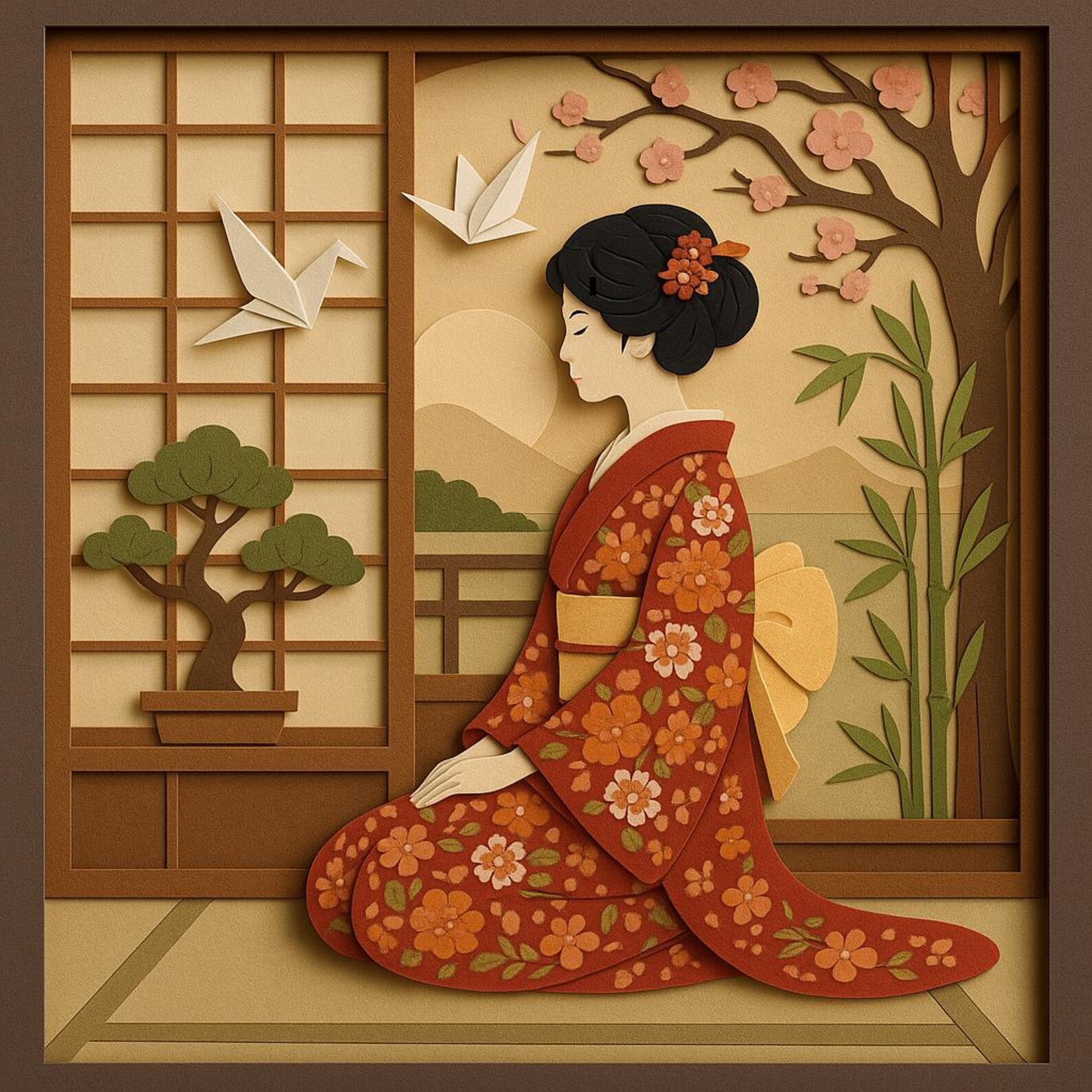 Japanese Layered Effect Poster, Crane & Sakura (digital Download) - Etsy