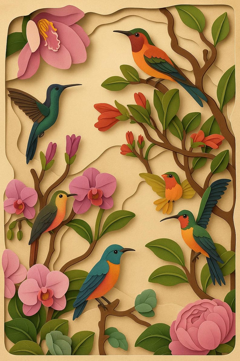 3D Birds & Flowers Layered Paper Cut Art: Shadow Box Printable (digital ...
