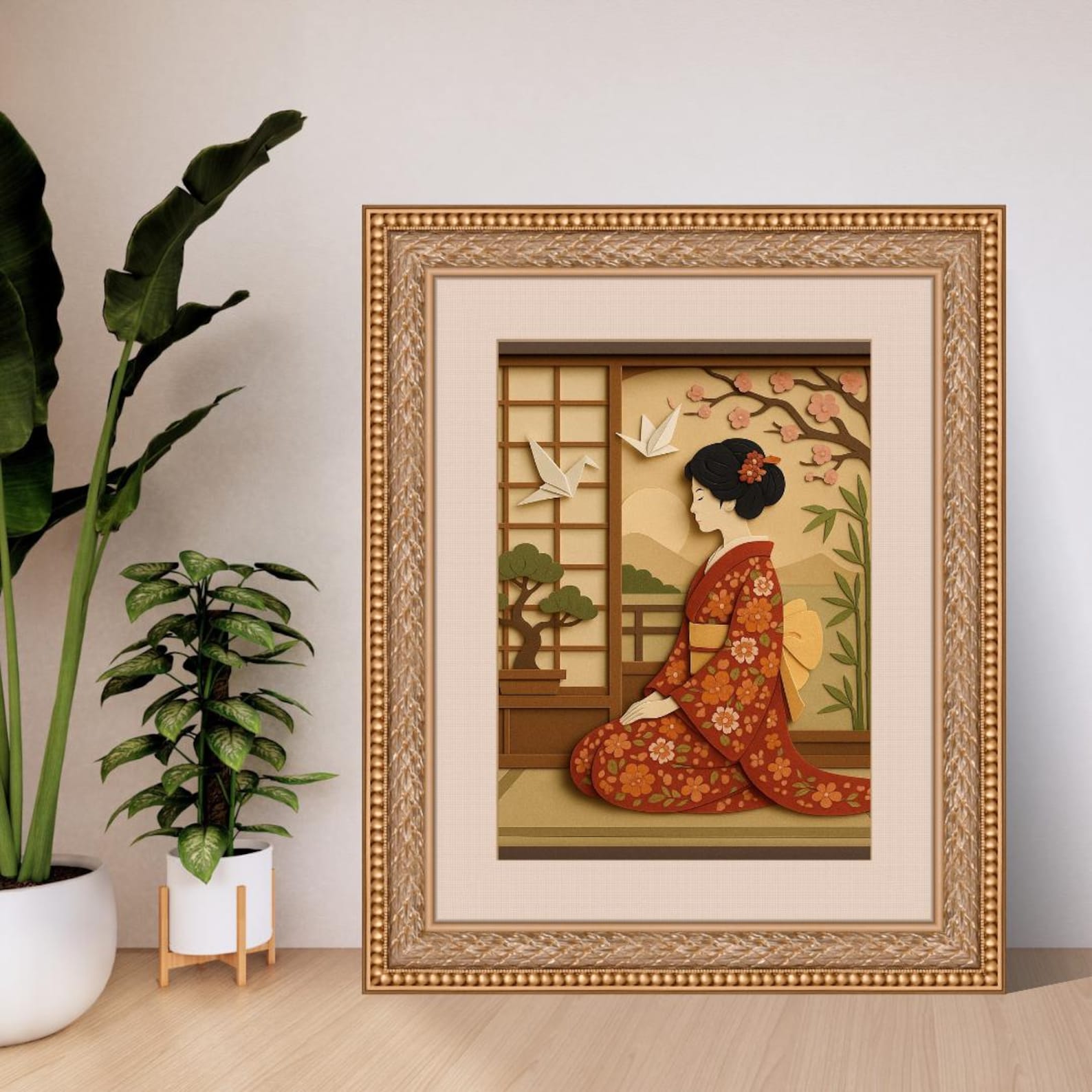 Japanese Layered Effect Poster, Crane & Sakura (digital Download) - Etsy