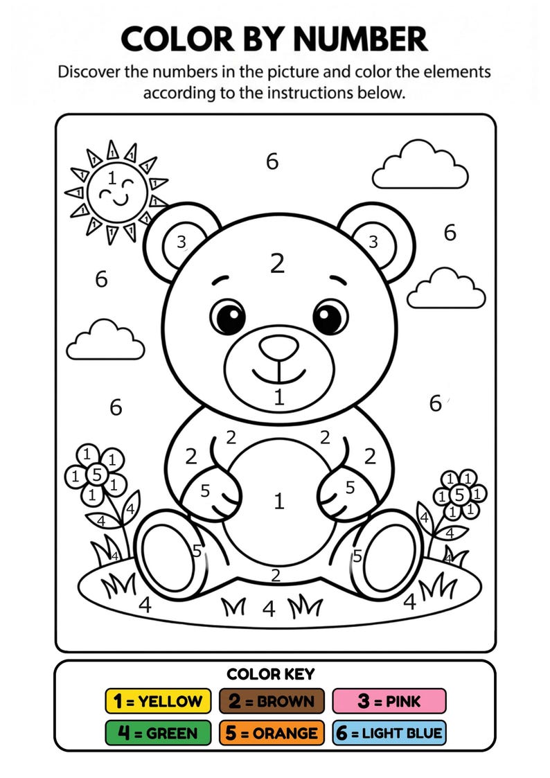 Animal Color by Number Worksheet for Kids | Printable Coloring Page ...