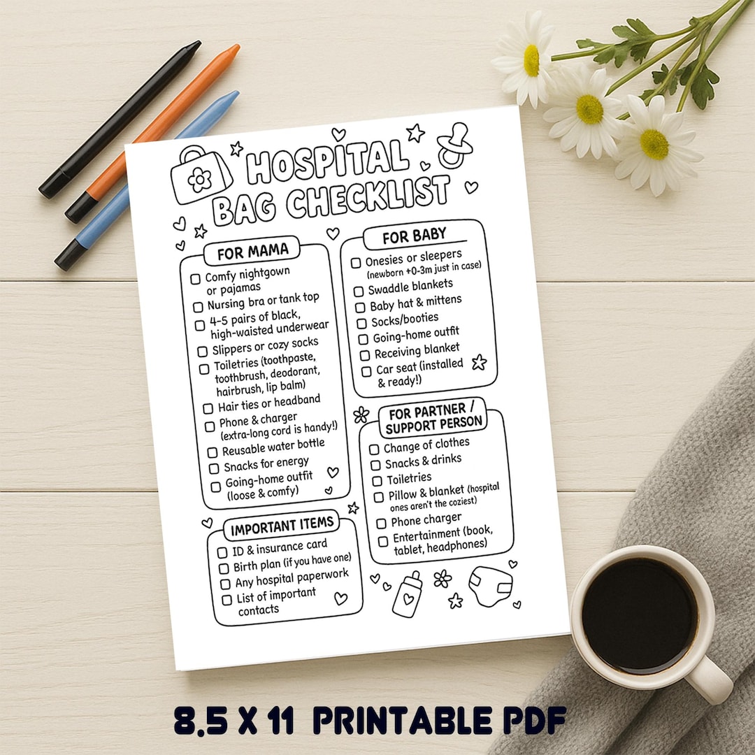Hospital Bag Checklist Printable: Mom, Baby & Partner Essentials (PDF ...
