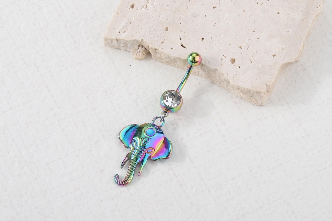 Rainbow Crystal Elephant Belly Button Ring: 316L Stainless Steel Dangle ...